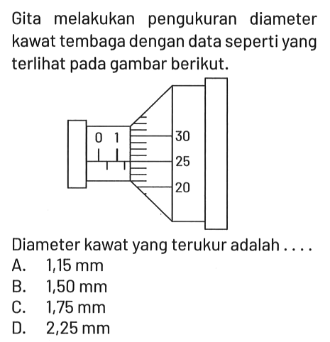 Gita melakukan pengukuran diameter kawat tembaga dengan d...