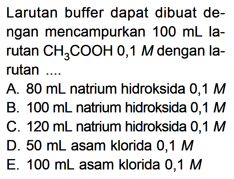Larutan buffer dapat dibuat dengan mencampurkan 100 mL la...