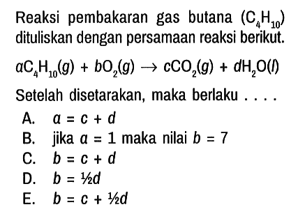 Reaksi pembakaran gas butana (C4H10) dituliskan dengan pe...