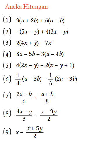 Aneka Hitungan (1) 3(a + 2b) + 6(a - b) (2) -(5x - y)