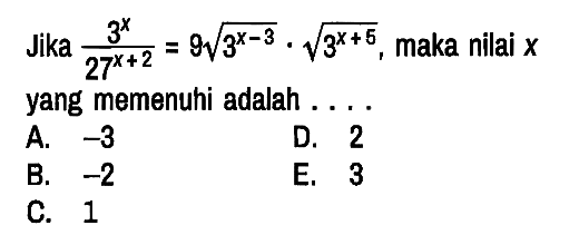 Jika (3^x)/(27^(x+2)) = 9 akar(3^(x-3)) . akar(3^(x+5)),...