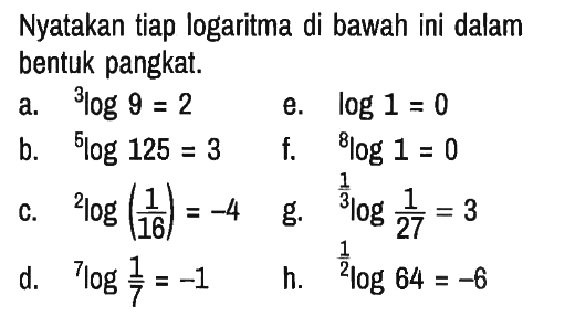 Nyatakan tiap logaritma di bawah ini dalam bentuk pangkat...