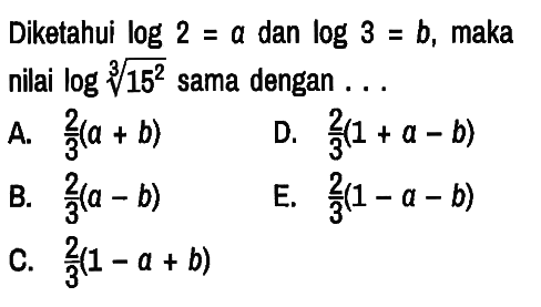 Diketahui log 2=a dan log 3=b , maka nilai log sqrt[3]{15...
