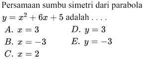 Persamaan sumbu simetri dari parabola y=x^2+6x+5 adalah ...