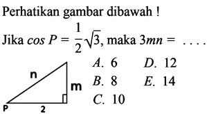 Perhatikan gambar dibawah! Jika cos P=1/2 akar(3), maka 3...
