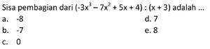 Sisa pembagian dari (-3x^3-7x^2 +5x+4) : (x+3) adalah