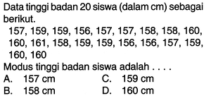Data tinggi badan 20 siswa (dalam cm) sebagai berikut. 15...