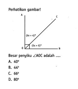 Perhatikan gambar!Besar penyiku sudut AOC adalah ....