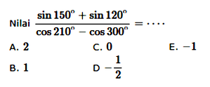 Nilai (sin 150+sin 120)/(cos 210-cos 300)=...