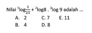 Nilai 5log(1/25)+2log8.3log9 adalah ...