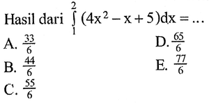 Hasil dari integral 1 2 (4x^2-x+5) dx=