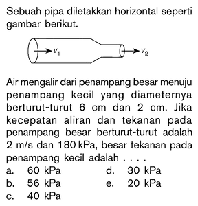 Sebuah pipa diletakkan horizontal seperti gambar berikut....