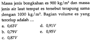 Massa jenis bongkahan es 900 kg/m^3 dan massa jenis air l...