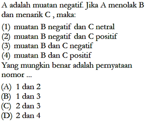 A adalah muatan negatif. Jika A menolak B dan menarik C