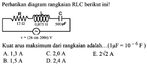 Perhatikan diagram rangkaian RLC berikut ini!Kuat arus ma...