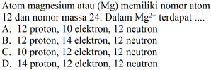 Atom magnesium atau (Mg) memiliki nomor atom 12 dan nomor...