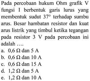 Pada percobaan hukum Ohm grafik V fungsi I berbentuk gari...