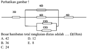 Perhatikan gambar! 6 Ohm 2 Ohm 6 Ohm 4 Ohm 12 Ohm 12 Ohm ...