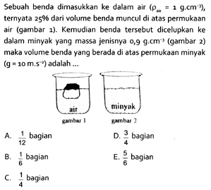 Sebuah benda dimasukkan ke dalam air (rho air =1.g.cm^-3...