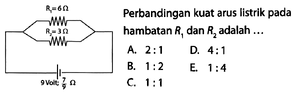 Perbandingan kuat arus listrik pada hambatan R1 dan R2 ad...