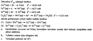 Diketahui E sel sebagai berikut. Cu^(2+) (aq) + 2 e^- ->...