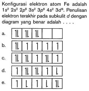 Konfigurasi elektron atom Fe adalah 1s^2 2s^2 2p^6 3s^2 3...