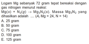 Logam Mg sebanyak 72 gram tepat bereaksi dengan gas nitro...