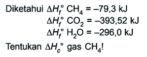 Diketahui delta Hf CH4 = -79,3 kJ delta Hf CO2 = -393,52 ...
