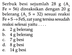 Serbuk besi sejumlah 28 g (Ar Fe=56) direaksikan dengan 2...