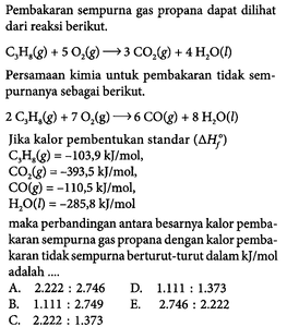 Pembakaran sempurna gas propana dapat dilihat dari reaksi...