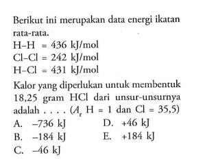 Berikut ini merupakan data energi ikatan rata-rata. H-H ...