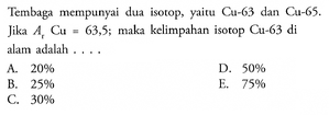Tembaga mempunyai dua isotop, yaitu Cu-63 dan Cu-65. Jik...