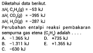 Diketahui data berikut. delta Hf C2H4 (g) = -53 kJ delt...
