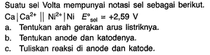 Suatu sel Volta mempunyai notasi sel sebagai berikut. Ca...