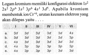 Logam kromium memiliki konfigurasi elektron 1s^2 2s^2 2p^...