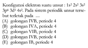 Konfigurasi elektron suatu unsur: 1s^2 2s^2 3s^2 3p^6 3d...