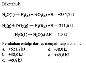 Diketahui: H2O(1) -> H2(g) + 1/2O2(g) delta H=+285,5 kJ ...