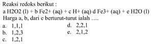Reaksi redoks berikut a H2O2 (l) + b Fe2+ (aq) + c H+ (aq...