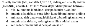 Nilai Kb amonia (NH3) adalah 1,8 x 10^(-5), sedangkan n...