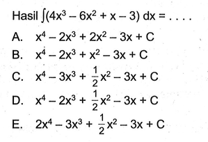 Hasil integral (4x^3-6x^2+x-3) dx=...