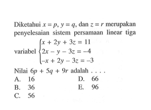 Diketahui x=p, y=q, dan z=r merupakan penyelesaian sistem...