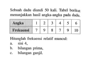 Sebuah dadu diundi 50 kali. Tabel berikut menunjukkan has...