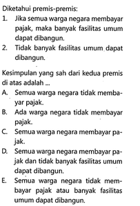 Diketahui premis-premis:1. Jika semua warga negara membay...