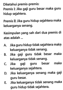 Diketahui premis-premis:Premis I: Jika gaji guru besar ma...