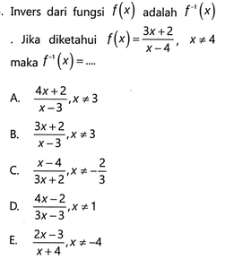 Invers dari fungsi f(x) adalah f^-1(x). Jika diketahui f(...