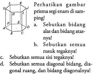 Perhatikan gambar prisma segi enam di samping! L K G J H ...