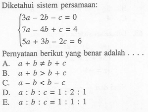 Diketahui sistem persamaan: 3a-2b-c=0 7a-4b+c=4 5a+3b-2c=...