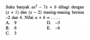 Suku banyak ax^3-7x+b dibagi dengan (x+1) dan (x-2) masin...