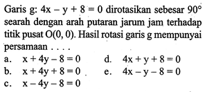 Garis g: 4x-y+8=0 dirotasikan sebesar 90 searah dengan ar...