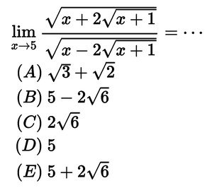 limit x-> 5 akar(x+2 akar(x+1))/akar(x-2 akar(x+1))=...
